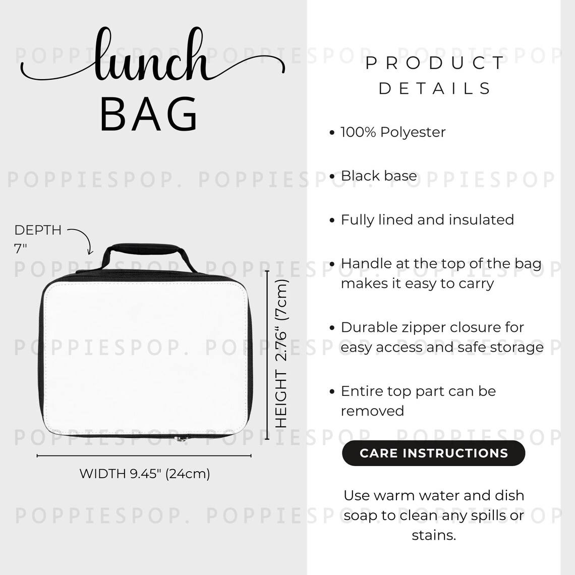 Lunch Bag Size Chart, Lunch Bag Care Card, Lunch Box Size Guide, Kids ...