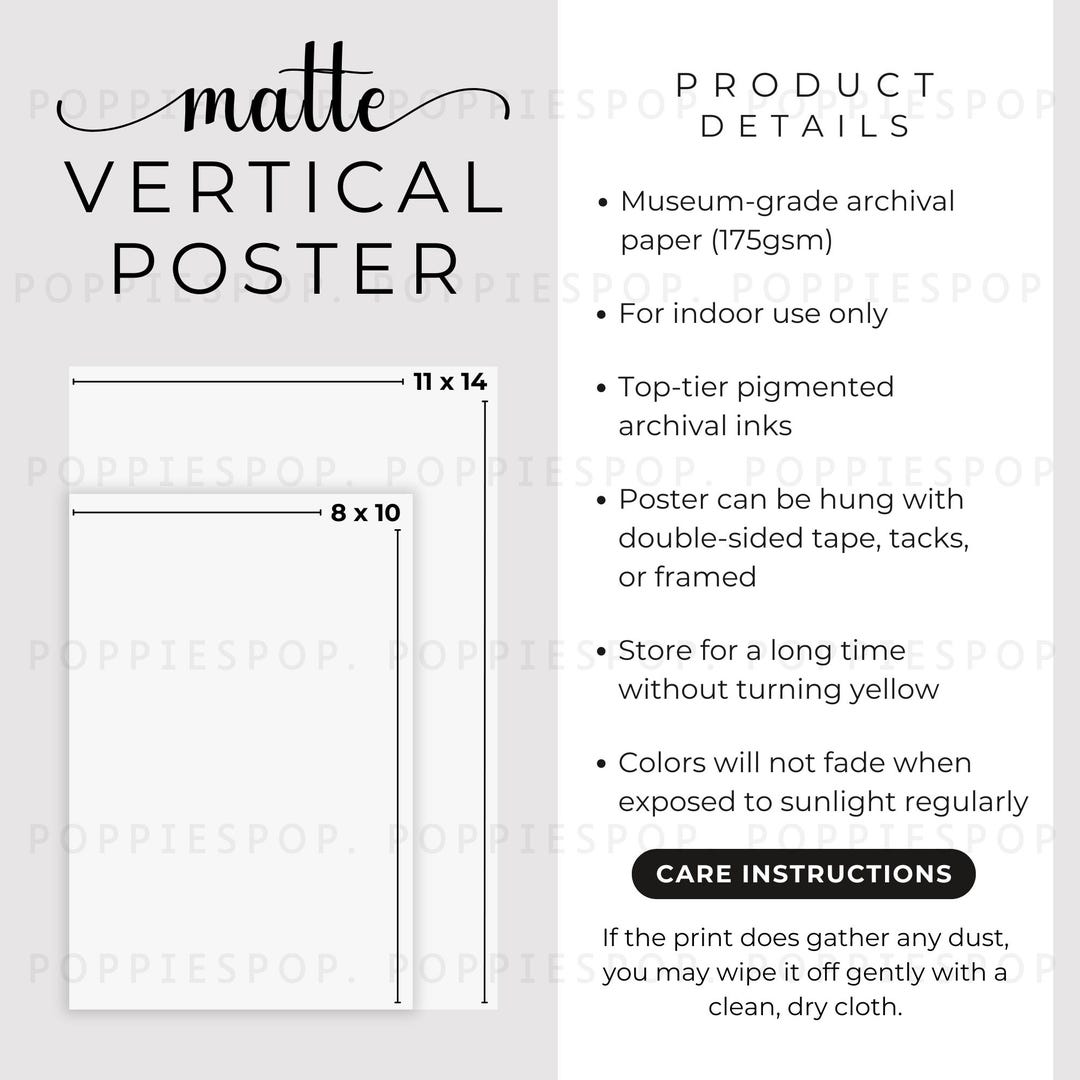 Matte Vertical Poster Size Chart, Vertical Poster Care Card, Matte ...