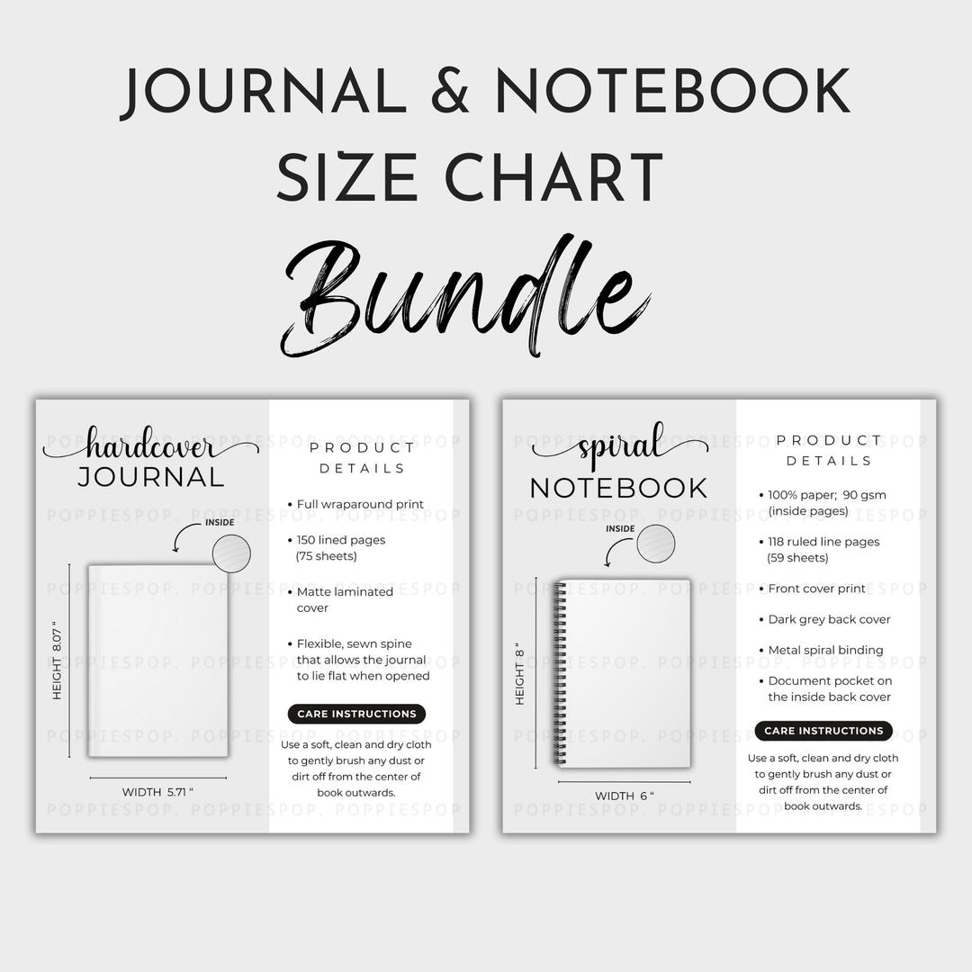 Journal & Notebook Size Chart Bundle, Hardcover Journal Size Chart ...