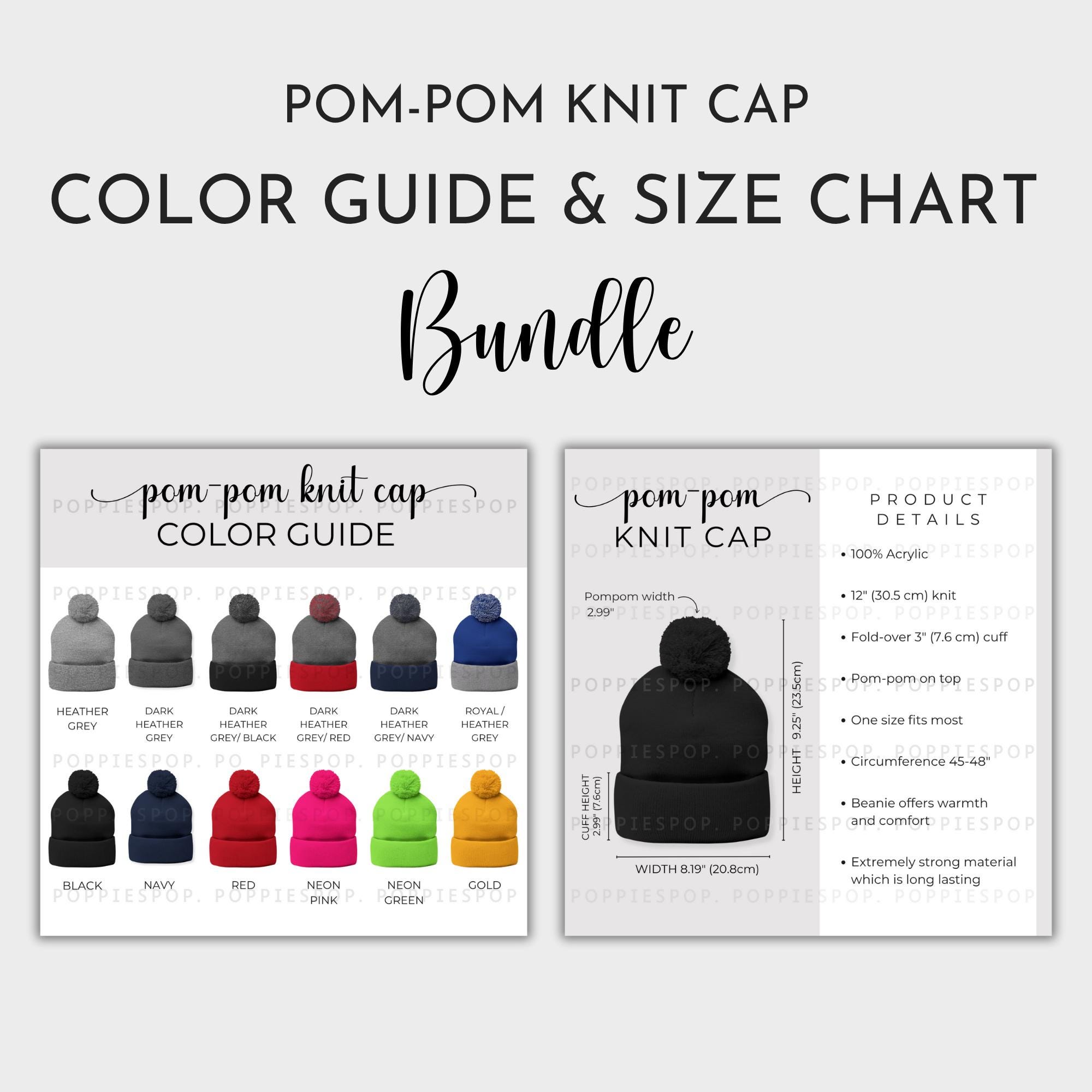 Pom-pom Knit Cap Size Chart & Color Guide, Black Knit Beanie Size Guide ...