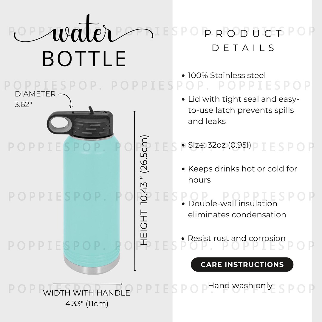 32oz Teal Water Bottle Size Chart, Water Bottle Care Card, Bottle Size ...