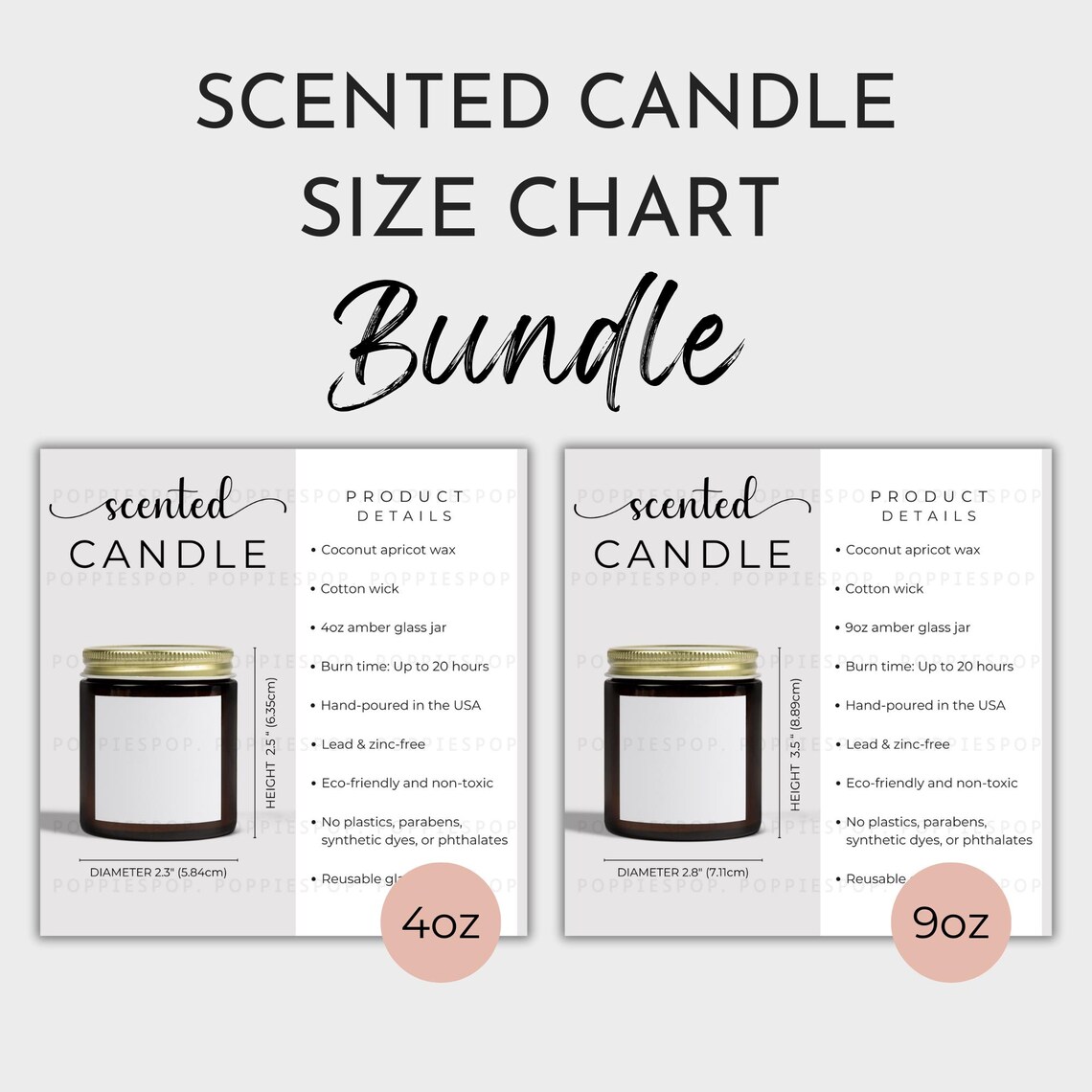 Scented Candle Size Chart Bundle, Amber Jar Candle Size Guide, Glass ...