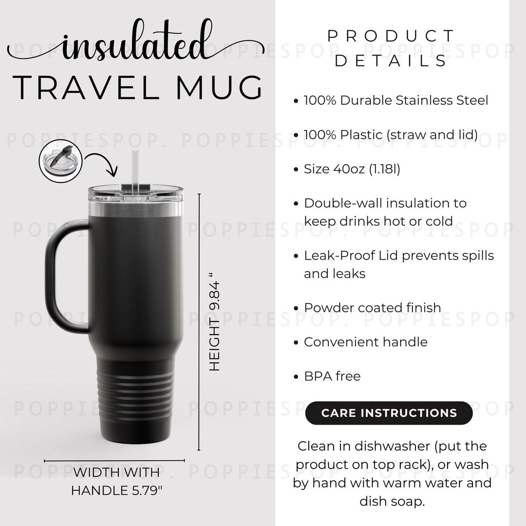 Black Insulated Travel Mug Size Chart, 40 Oz Tumbler Care Card, Tumbler ...