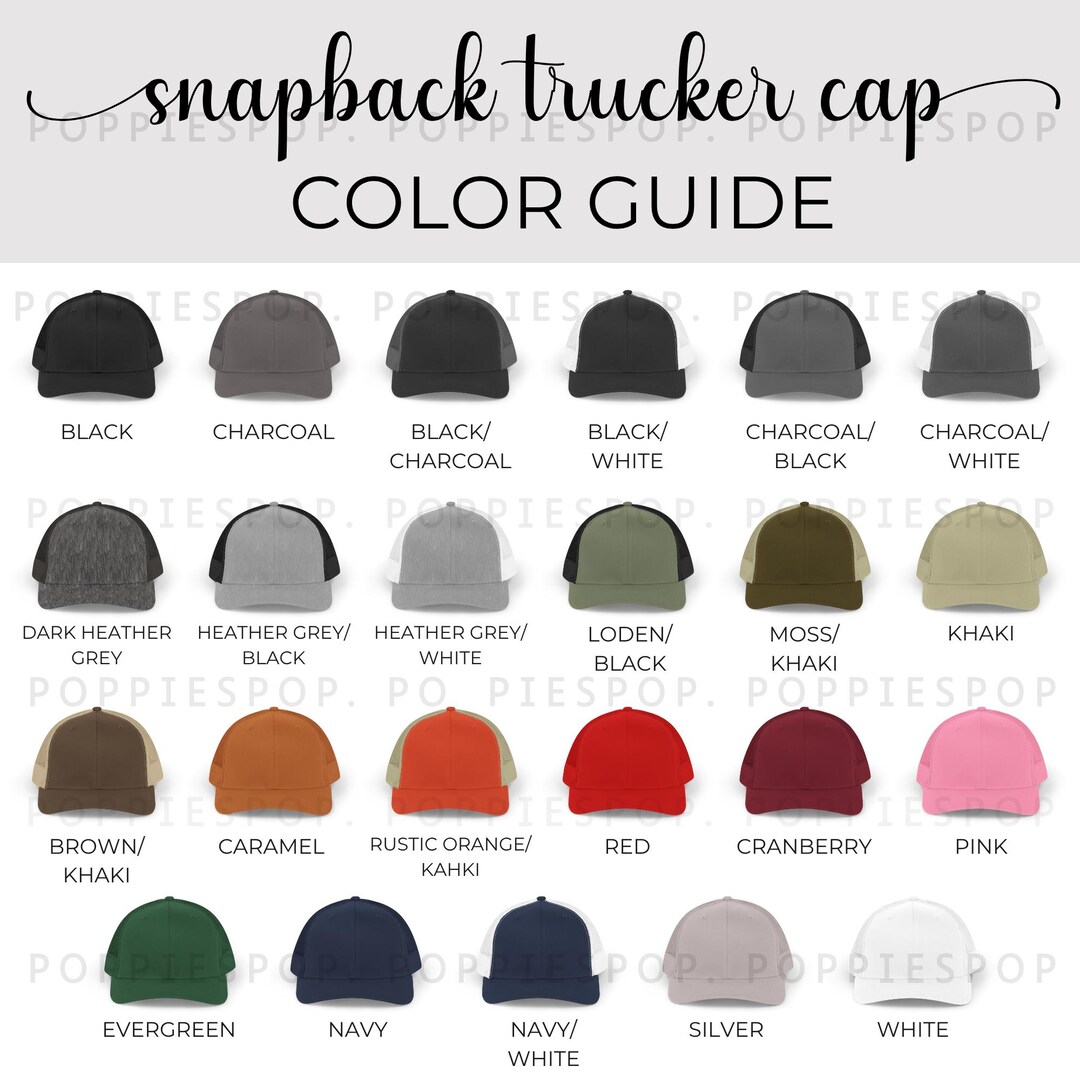 Snapback Trucker Cap Color Guide, Trucker Hat Color Chart, POD Color ...