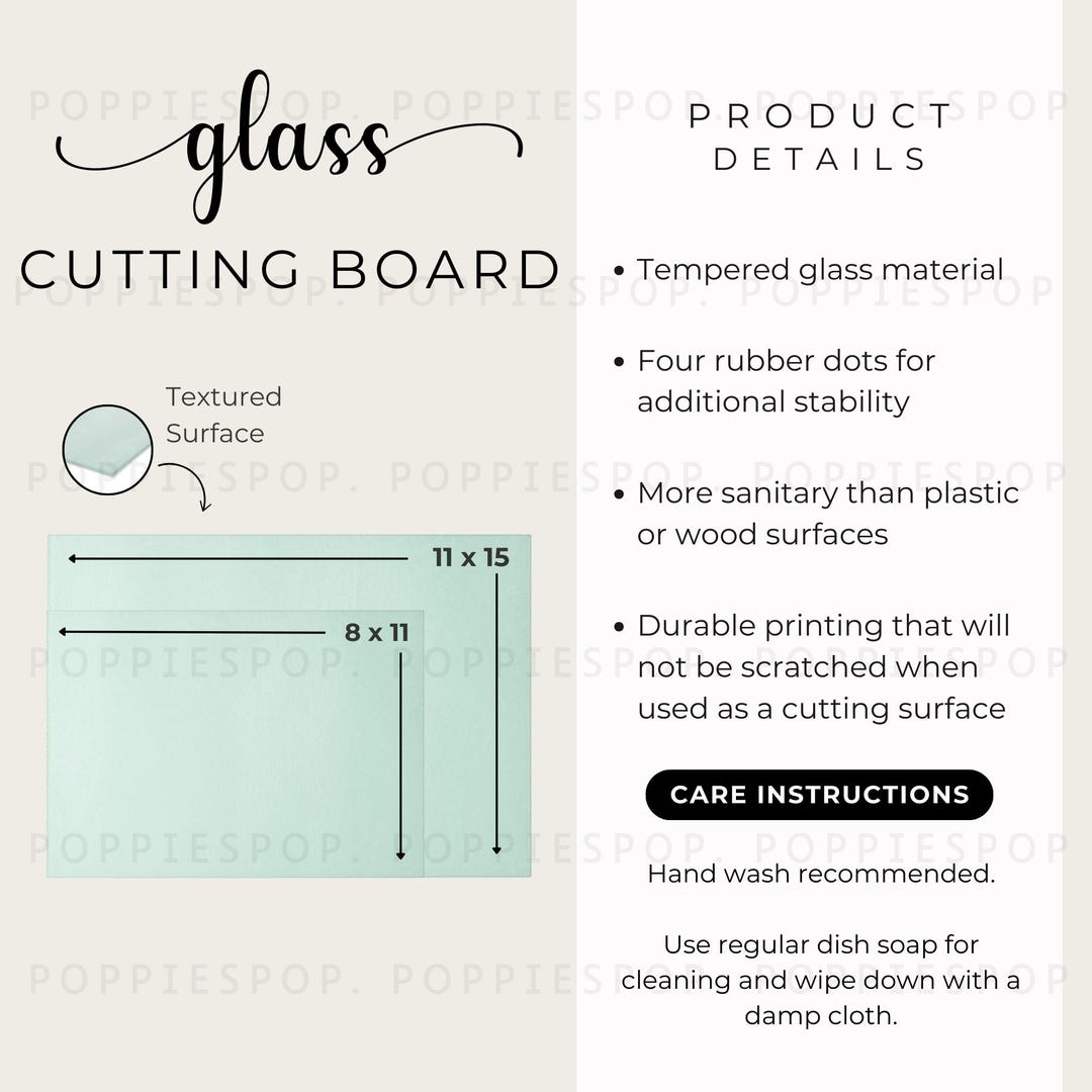 Glass Cutting Board Size Chart, Glass Cutting Board Care Card, Cutting ...