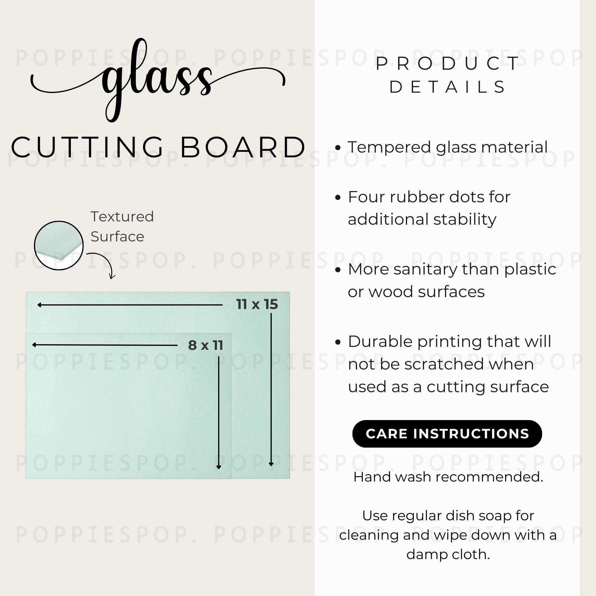 Glass Cutting Board Size Chart, Glass Cutting Board Care Card, Cutting ...