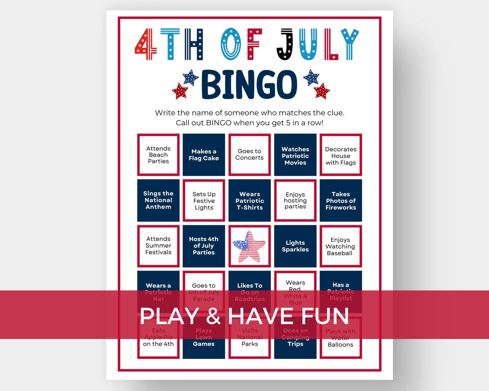 4th of July Bingo Game, Independence Day Party Game, Patriotic Family ...