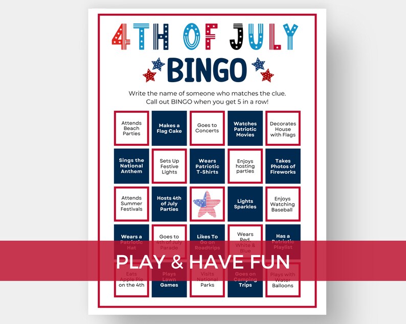 4th of July Bingo Game, Independence Day Party Game, Patriotic Family ...