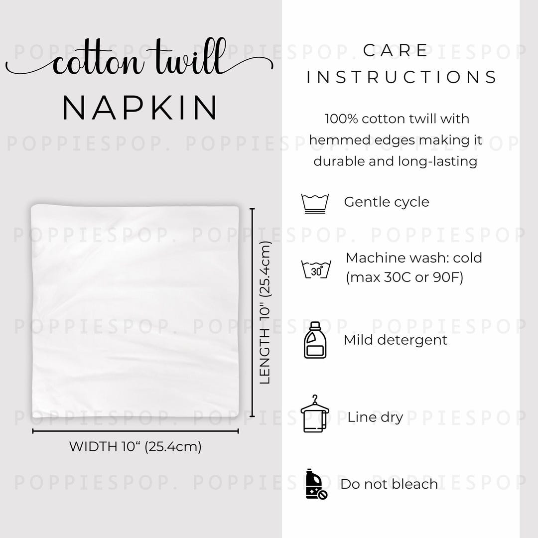 10x10 Cotton Twill Napkin Size Chart, Cotton Napkin Size Guide, Cotton ...