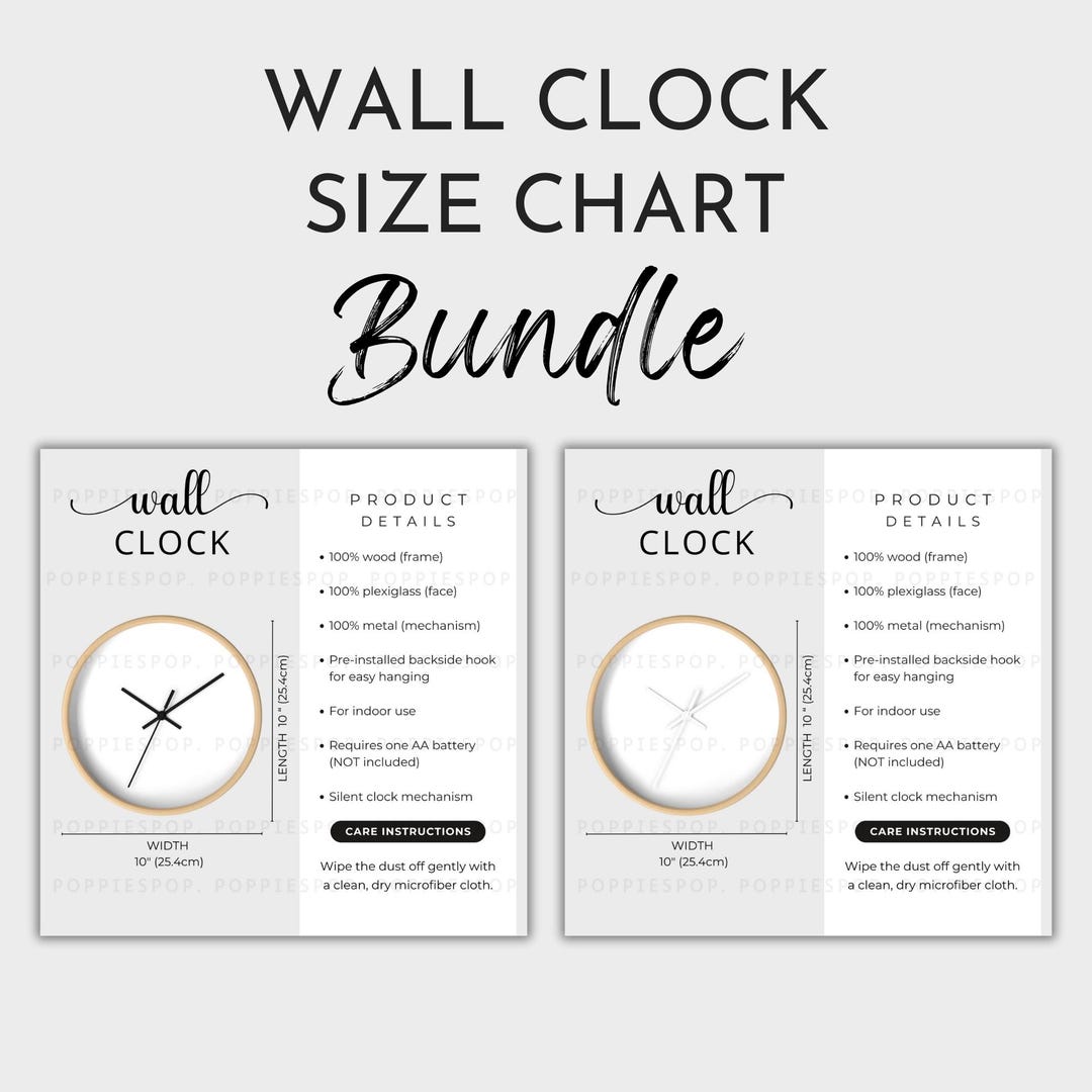 Wall Clock Size Chart Bundle, Rounded Wall Clock Size Guide, Indoor ...