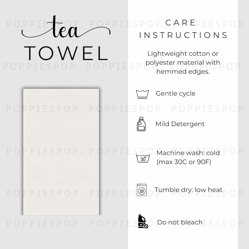 Tea Towel Care Card Mockup, Kitchen Towel Care Card, Dish Towel Care ...