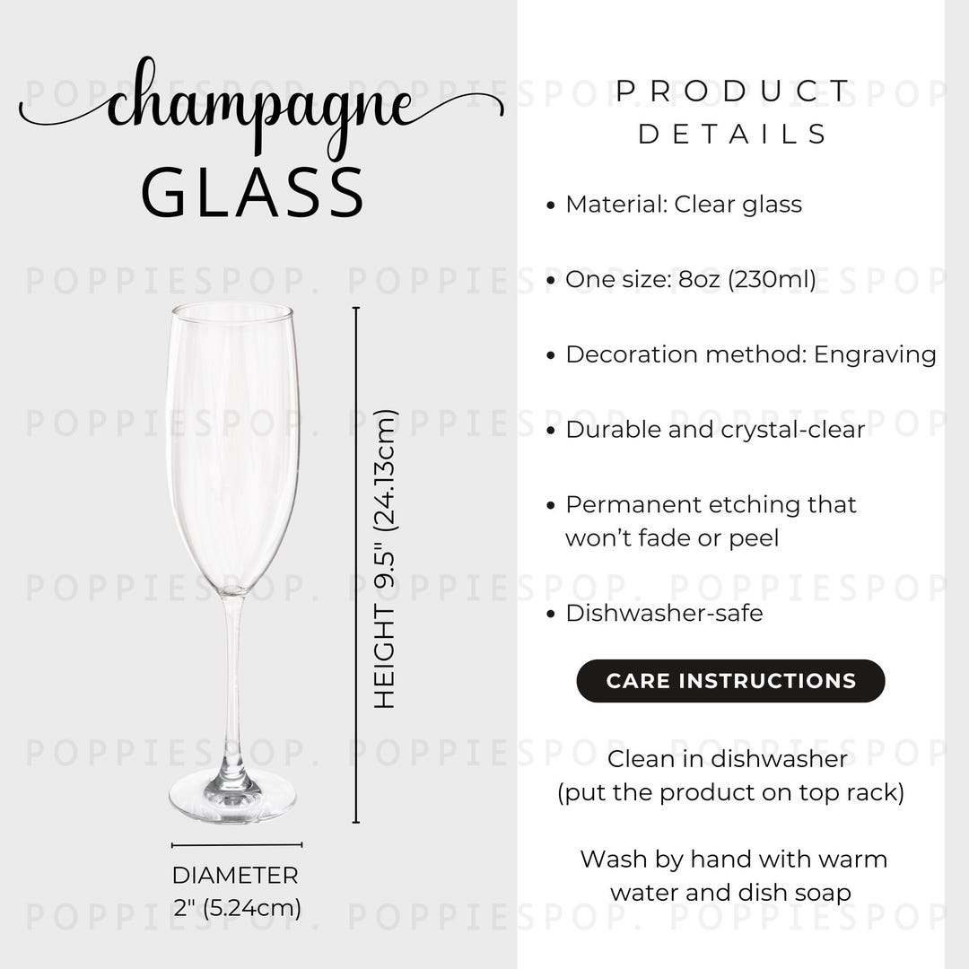 8oz Clear Champagne Glass Size Chart, Champagne Glass Care Card ...