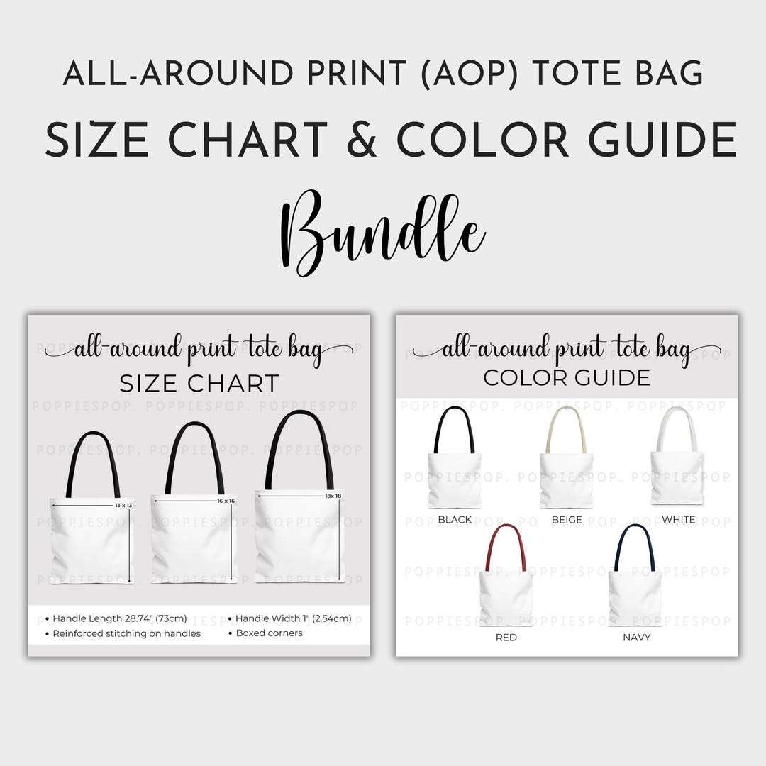 AOP Tote Bag Size Chart & Color Guide Bundle, Printify AOP Tote Bag ...