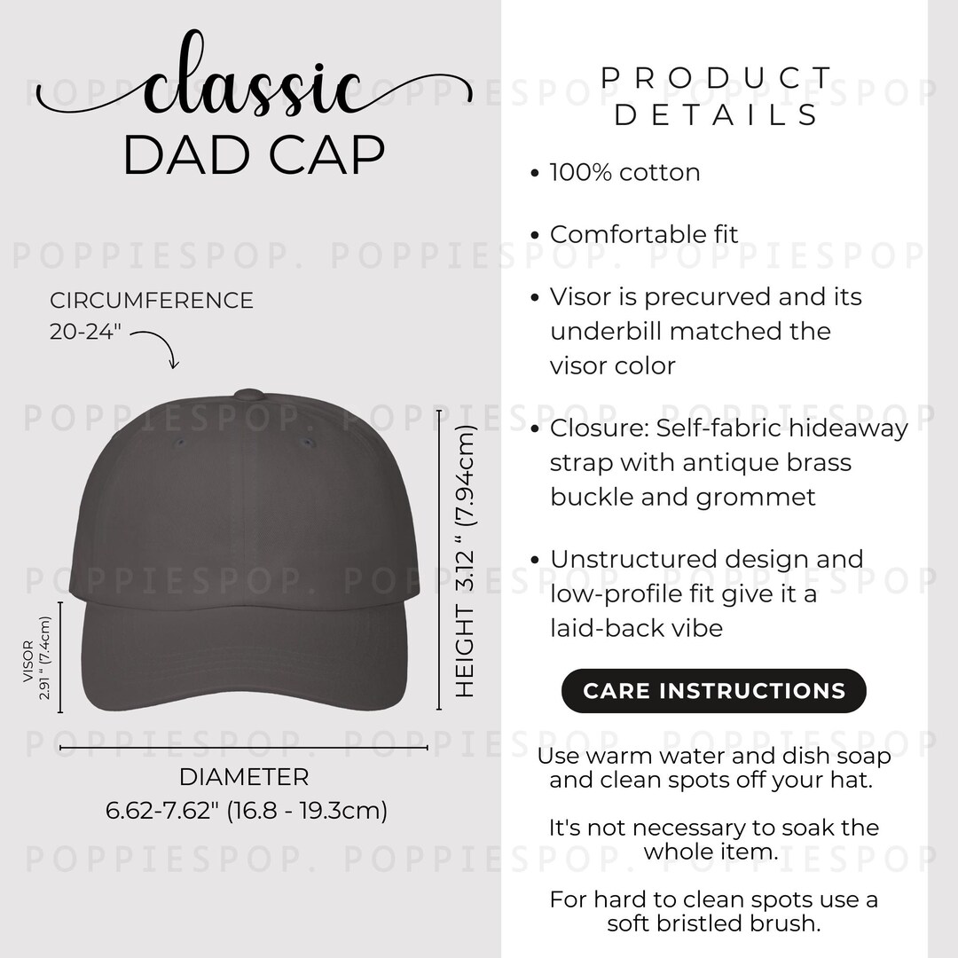 Dark Grey Classic Dad Cap Size Chart, Dad Cap Size Guide, Baseball Hat Care Card, Printify Dad ...