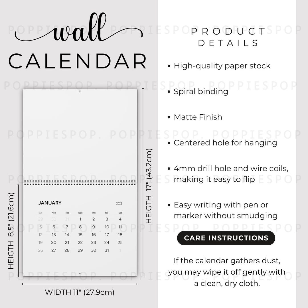 11 X 8.5 Wall Calendar Size Chart, Spiral Wall Calendar Care Card ...