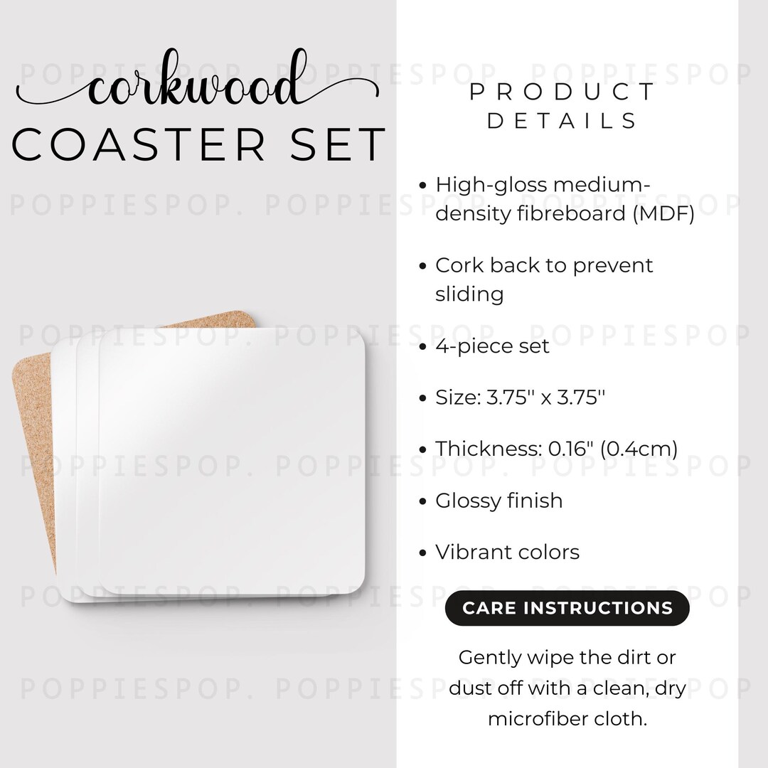 Corkwood Coaster Set Care Card, Square Coaster Care Card, Cork Coaster ...