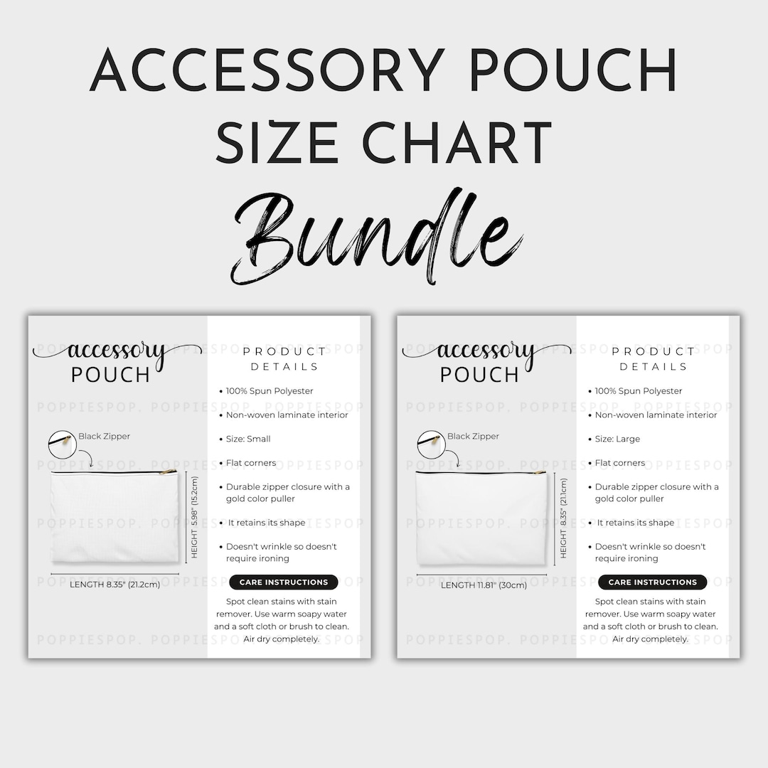 Accessory Pouch Size Charts Bundle, Makeup Bag Size Guide, Cosmetic Bag ...