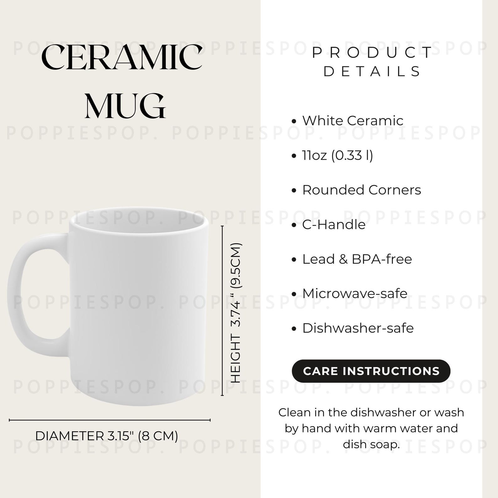 11oz Ceramic Mug Size Chart, Ceramic Mug Mockup, White Mug Care Card ...