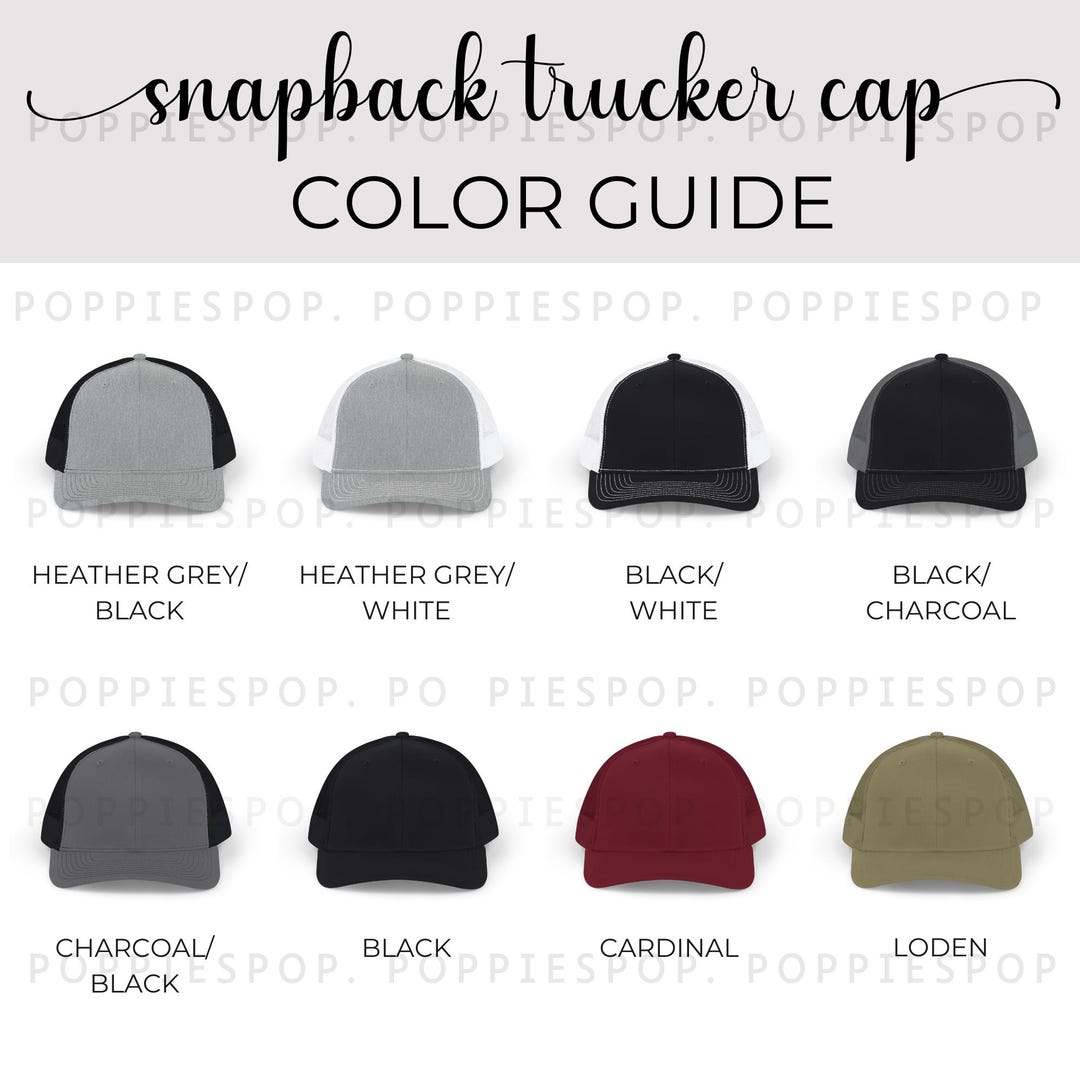Snapback Trucker Cap Color Guide, Trucker Hat Color Chart, POD Color ...