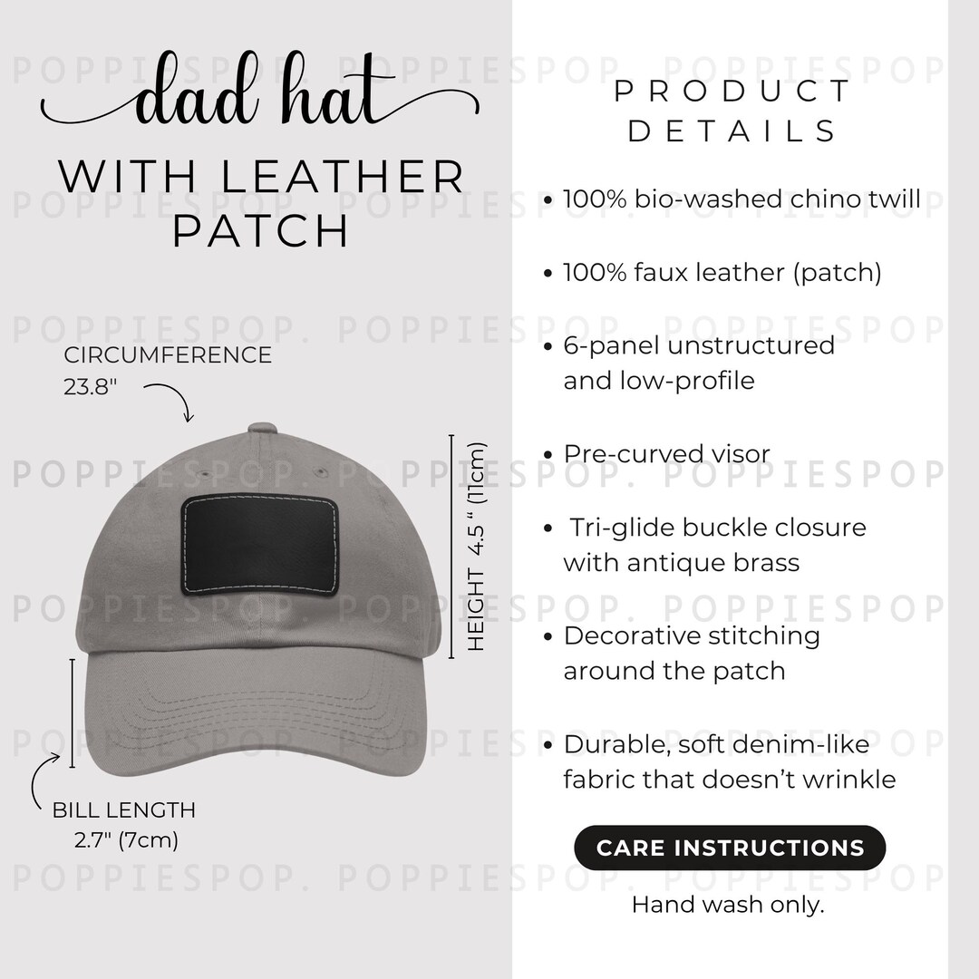 Grey Dad Hat With Black Leather Patch Size Chart, Dad Cap Size Guide ...