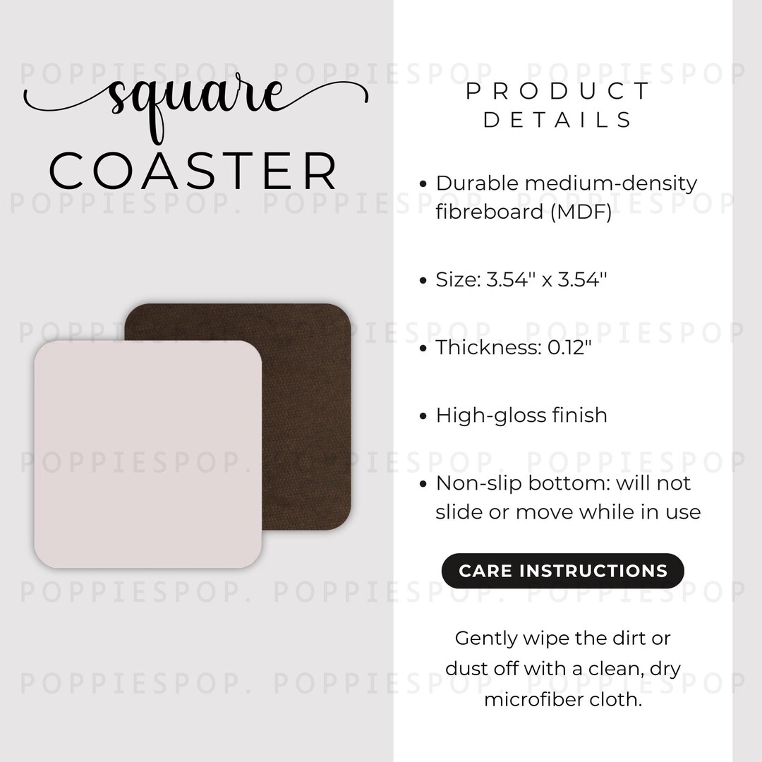 Coaster Mockup, Square Coaster Mockup, Cork Coaster Care Card, Coaster ...