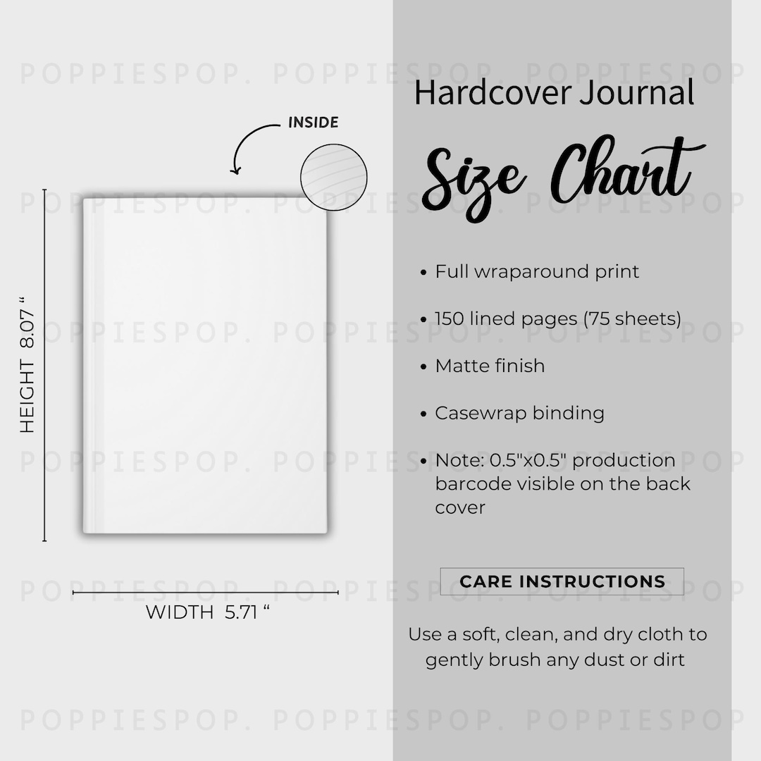 Hardcover Journal Size Chart, Hardcover Journal Care Card, Printify ...