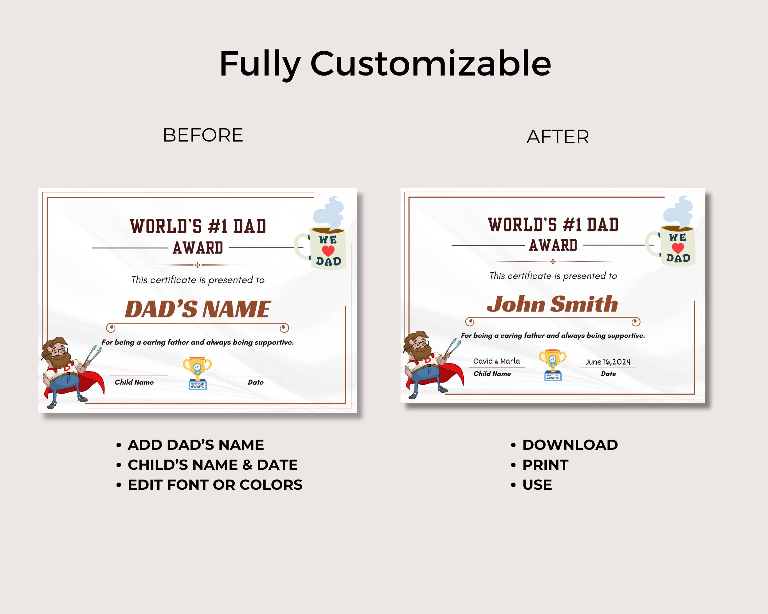 Editable Father's Day Certificate, Gift for Dad, World's 1 Dad Award ...