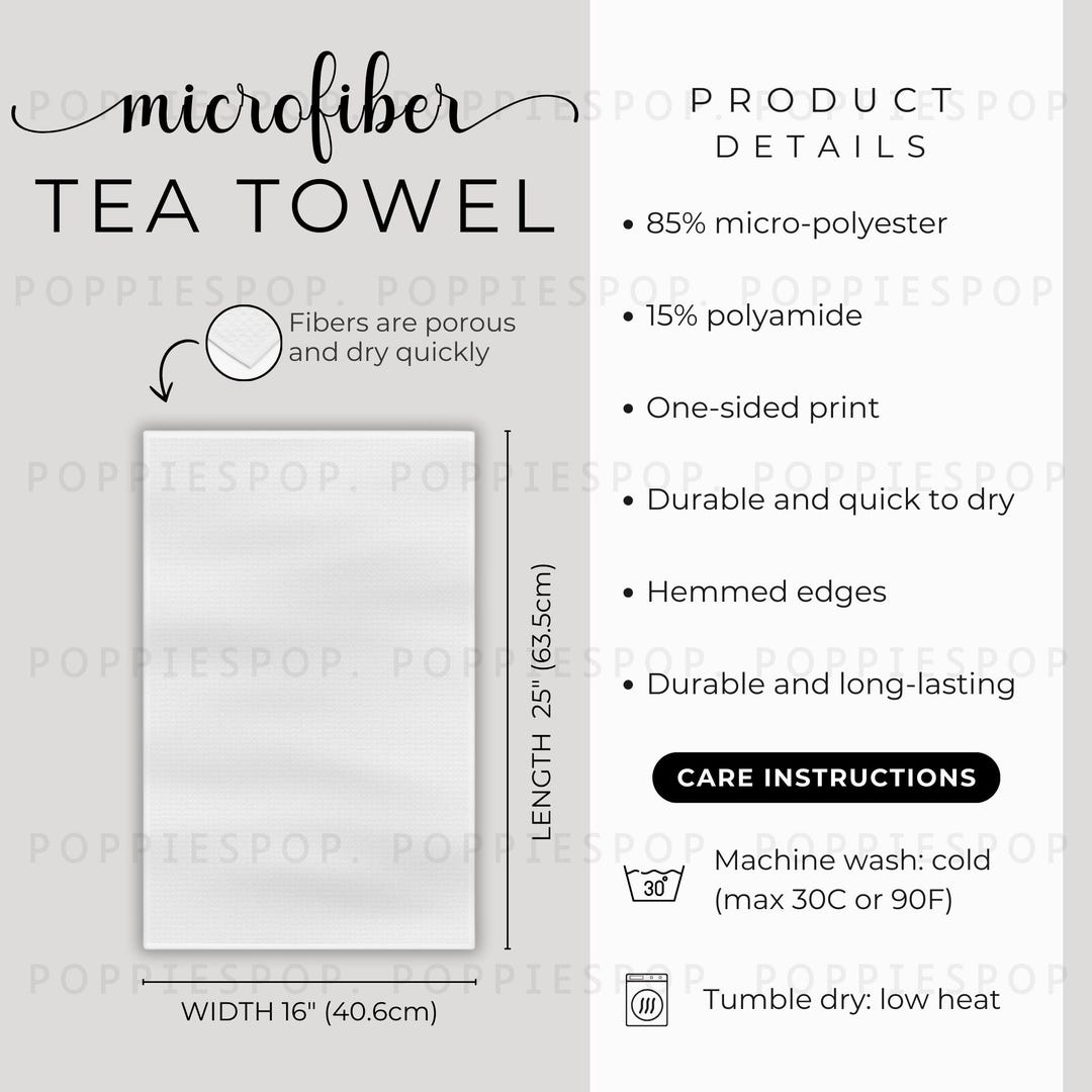 Microfiber Tea Towel Size Chart, Kitchen Towel Care Card, Dish Towel ...