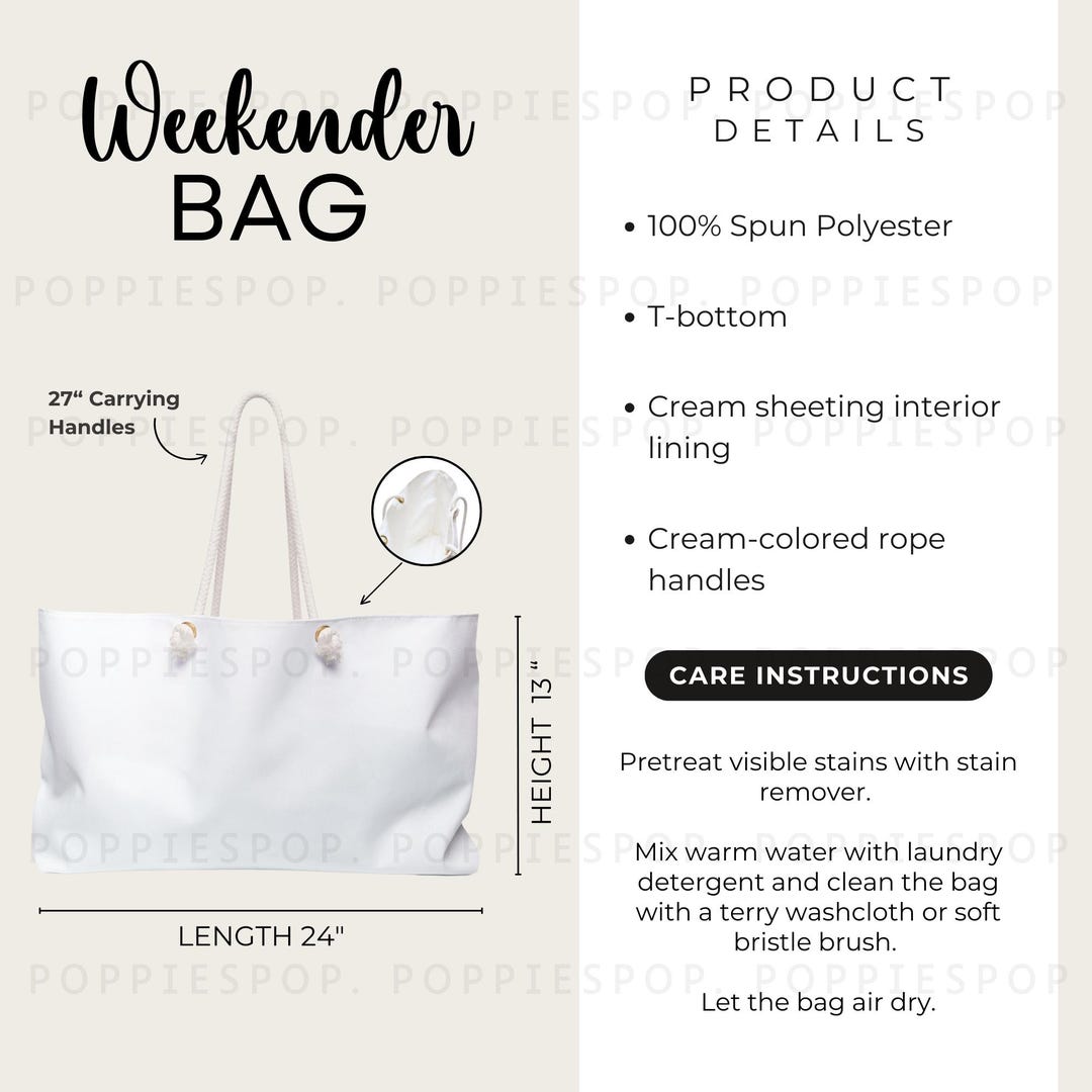 Weekender Bag Size Chart, Oversize Bag Care Card, Tote Bag Washing ...