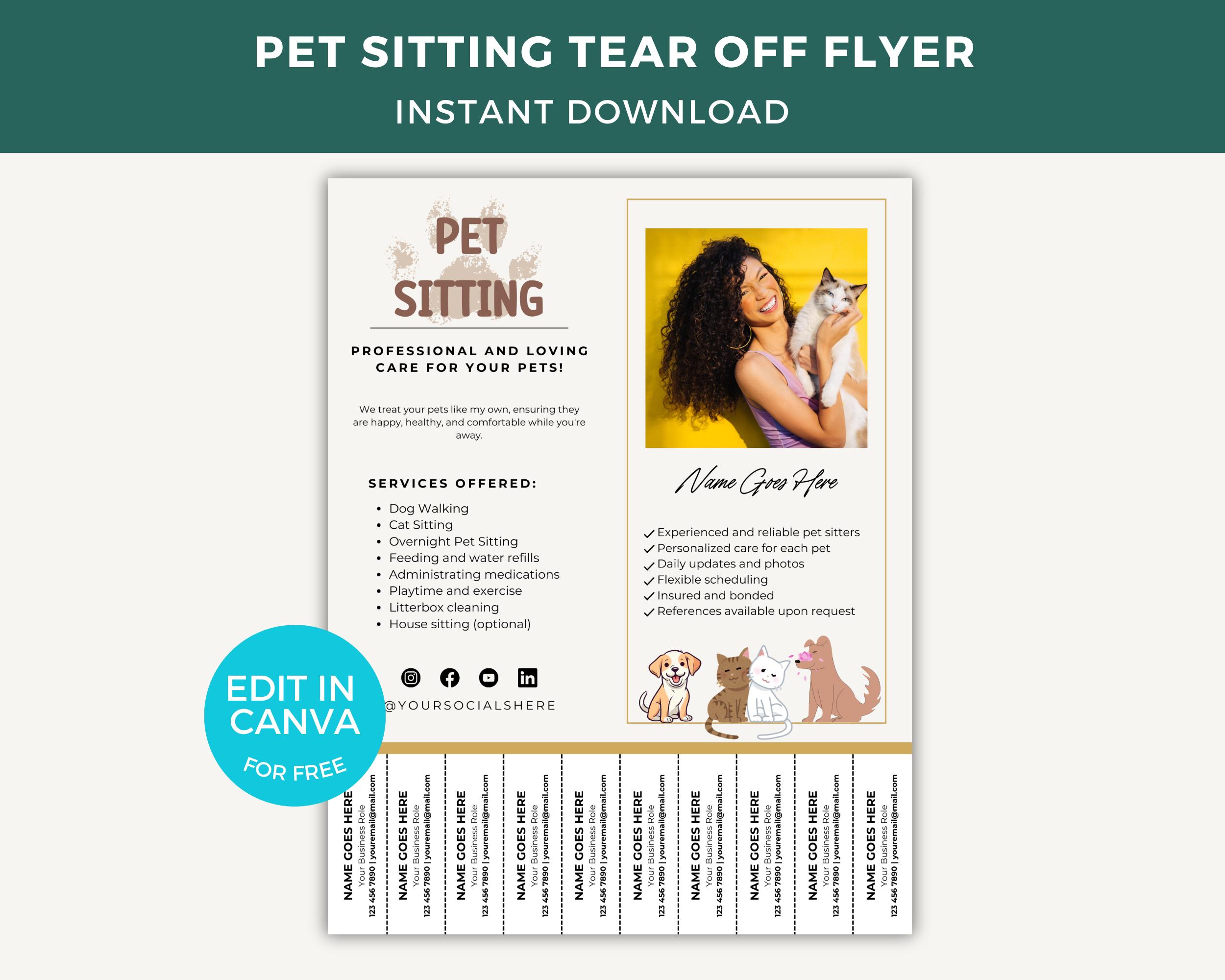 Editable Pet Sitting Flyer, Dog Sitting Tear off Flyer, Pet Care ...