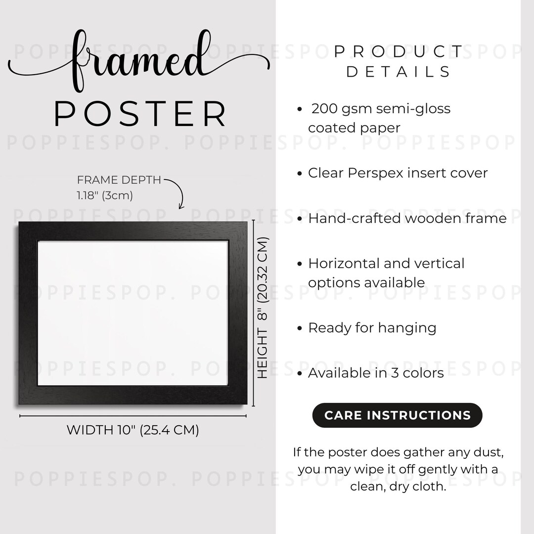 10 X 8 Black Framed Poster Size Chart, Horizontal Poster Care Card ...
