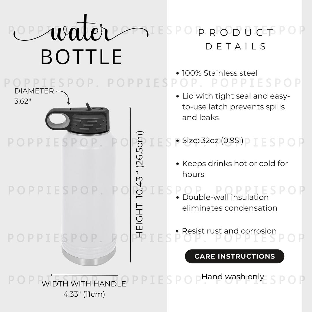 32oz White Water Bottle Size Chart, Bottle Care Card, Bottle Size Guide ...