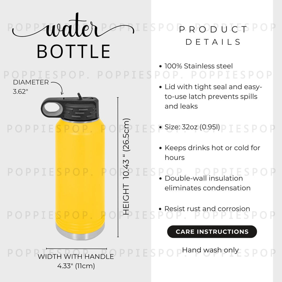 32oz Yellow Water Bottle Size Chart, Bottle Care Card, Bottle Size ...