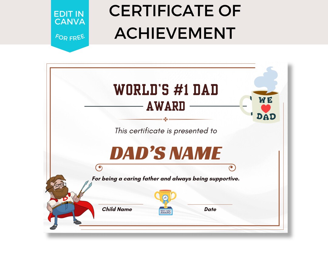 Editable Father's Day Certificate, Gift for Dad, World's 1 Dad Award ...