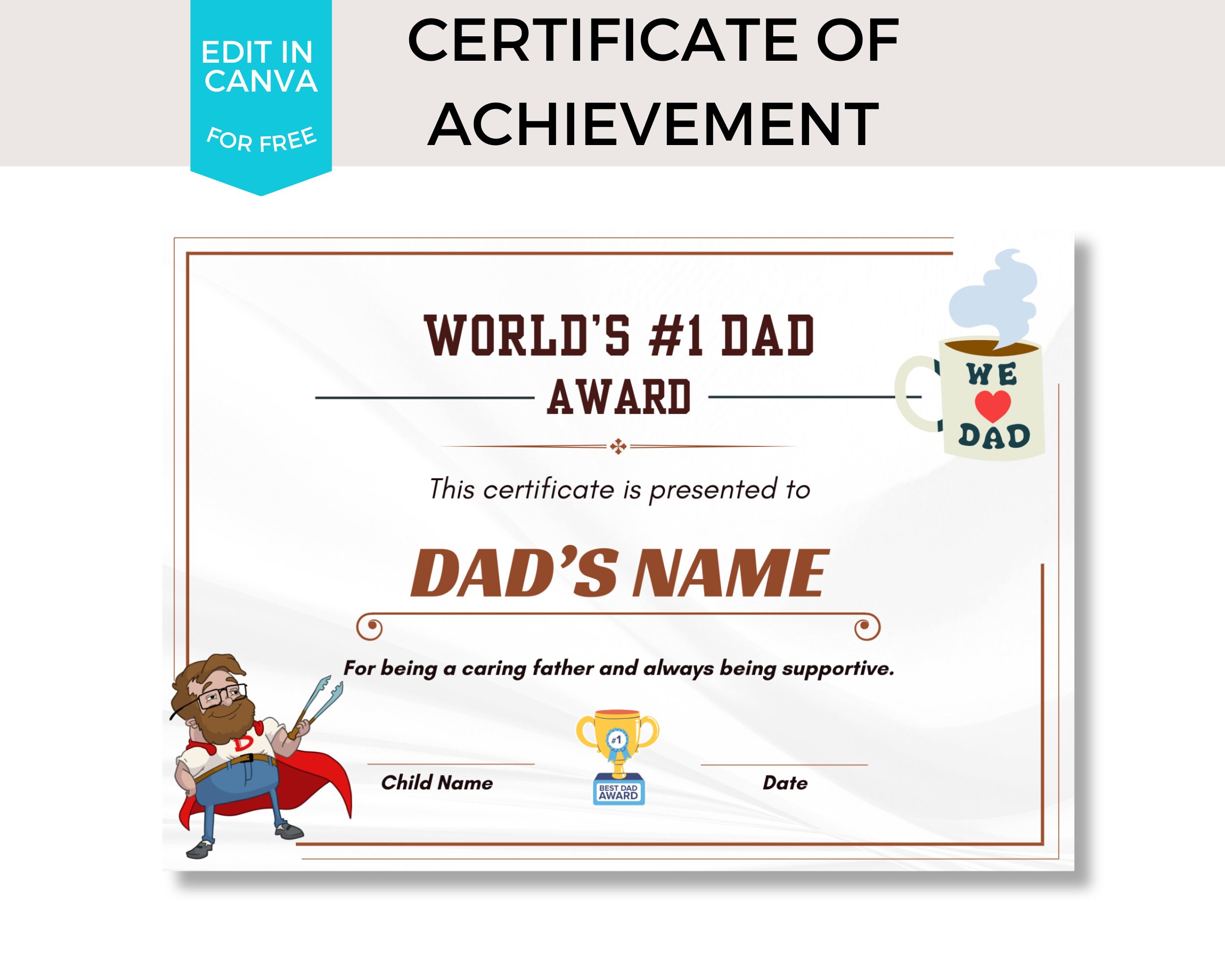 Editable Father's Day Certificate, Gift for Dad, World's 1 Dad Award ...