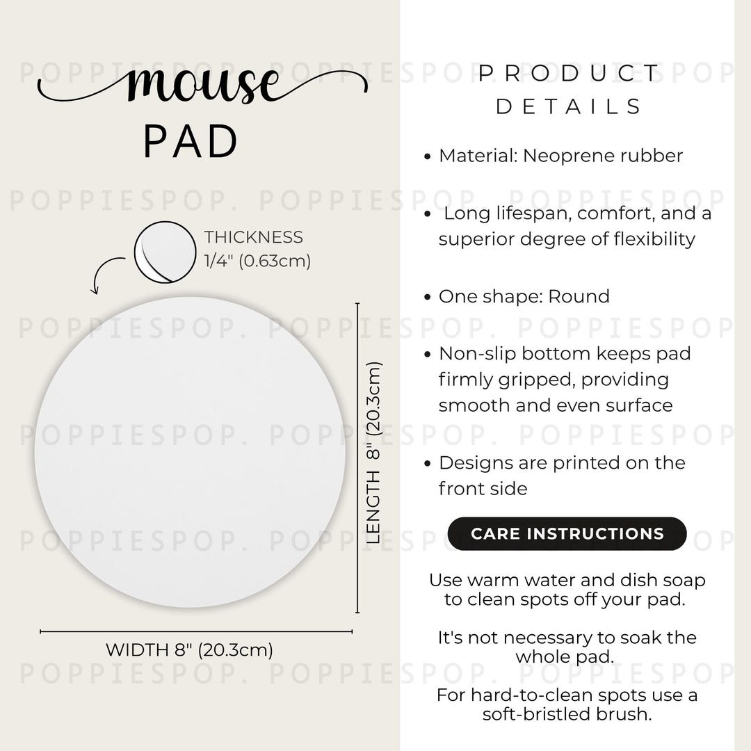 Round Mouse Pad Size Chart PNG, Mousepad Size Guide, Desk Mat Care Card ...