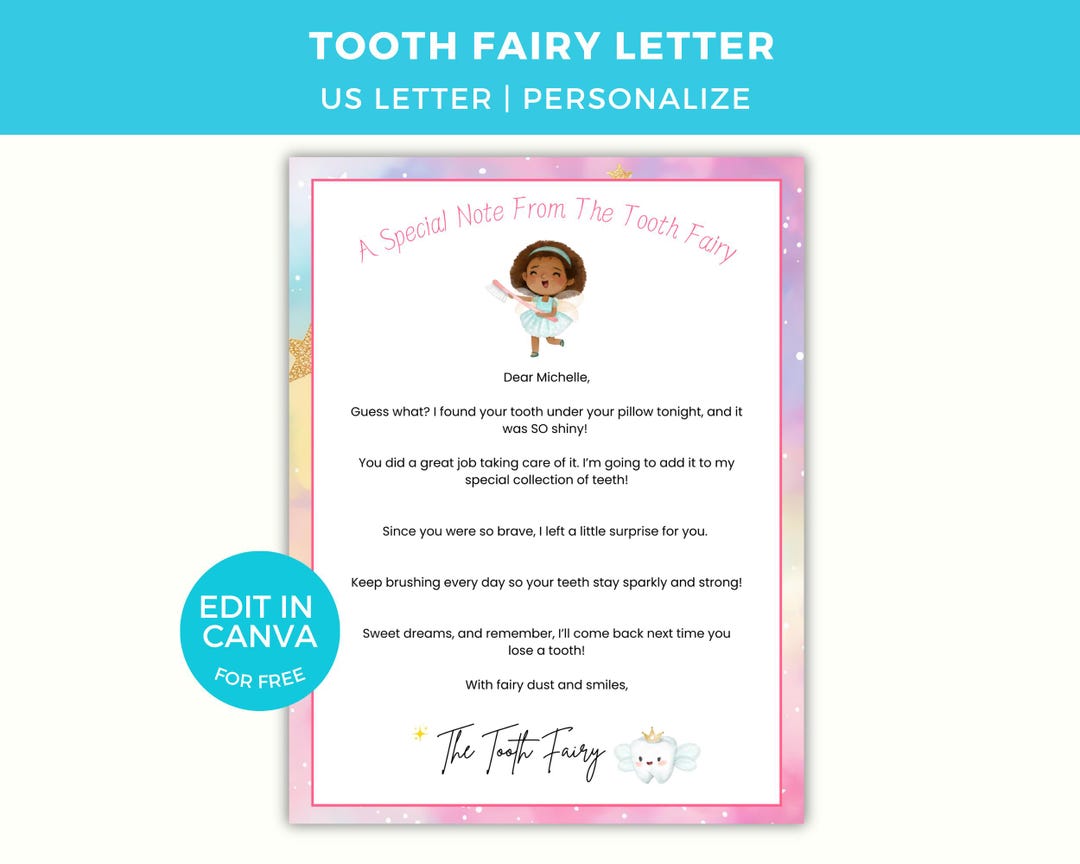 Editable Black Tooth Fairy Letter, Tooth Fairy Note, Personalized Tooth ...