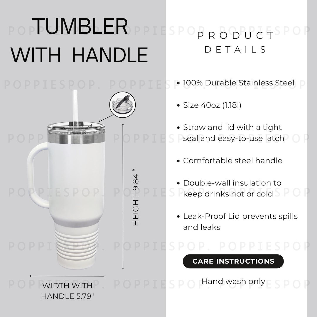 Tumbler Mockup, 40 Oz Tumbler Size Chart, Tumbler With Handle Mockup ...