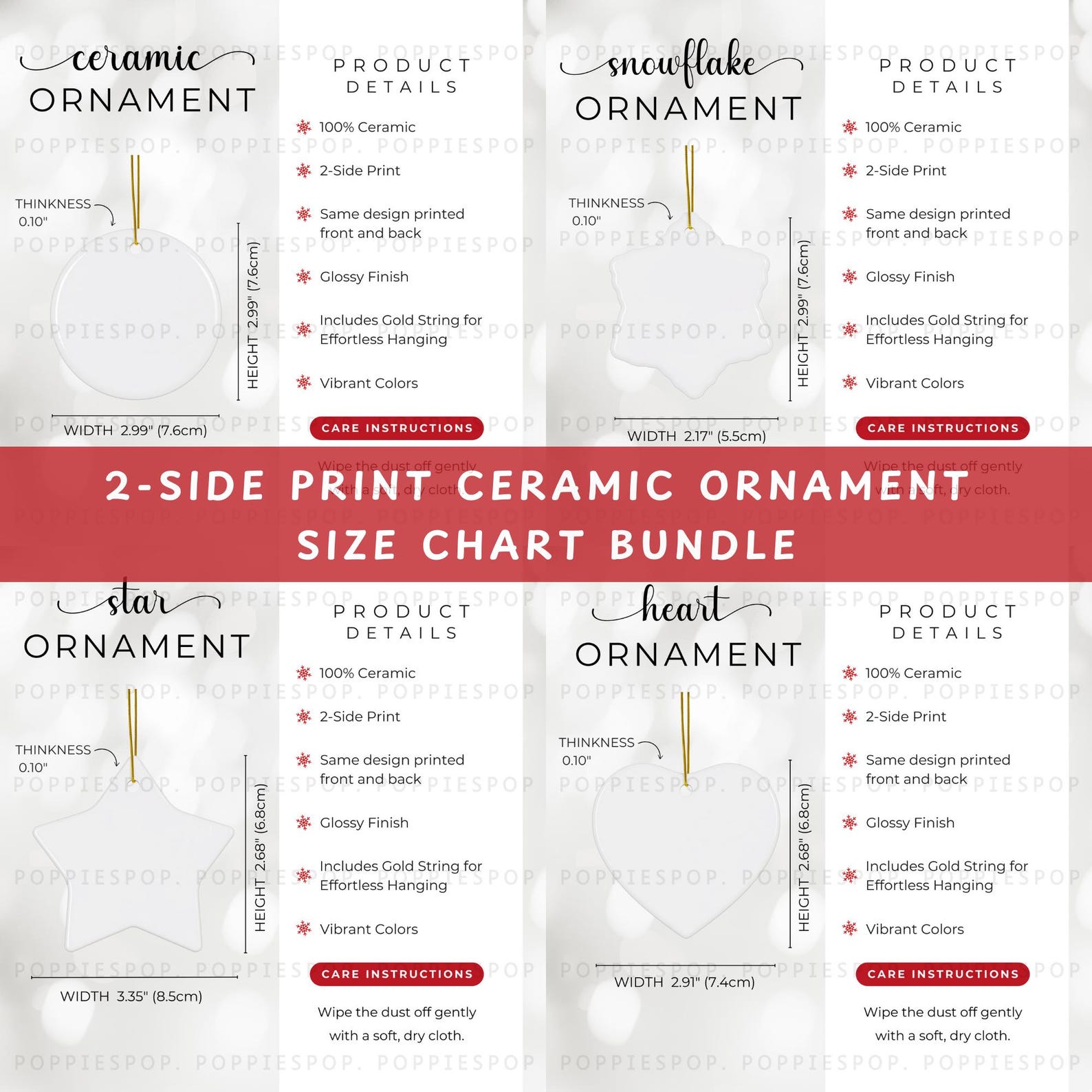 2-side Print Ceramic Ornament Size Chart Bundle, Christmas Ornament ...