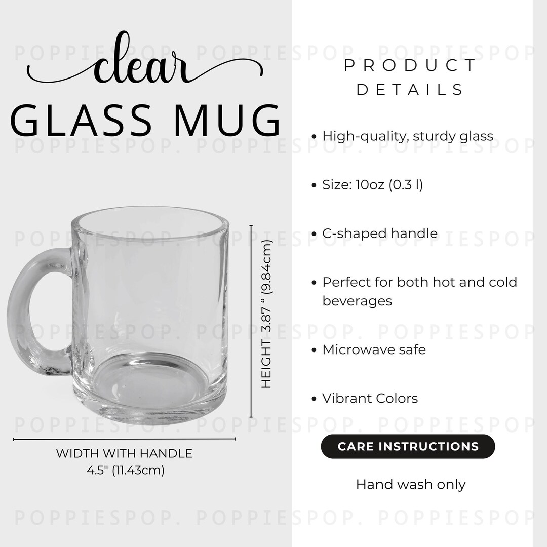 10oz Clear Glass Mug Size Chart, Glass Mug Care Card, Glass Mug Mockup ...
