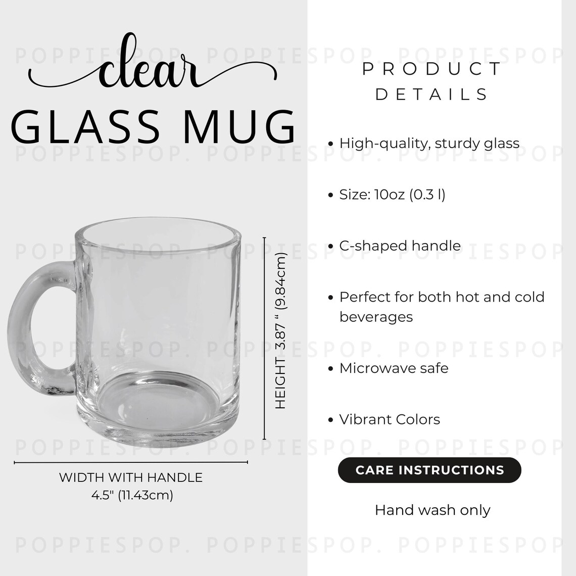 10oz Clear Glass Mug Size Chart, Glass Mug Care Card, Glass Mug Mockup ...