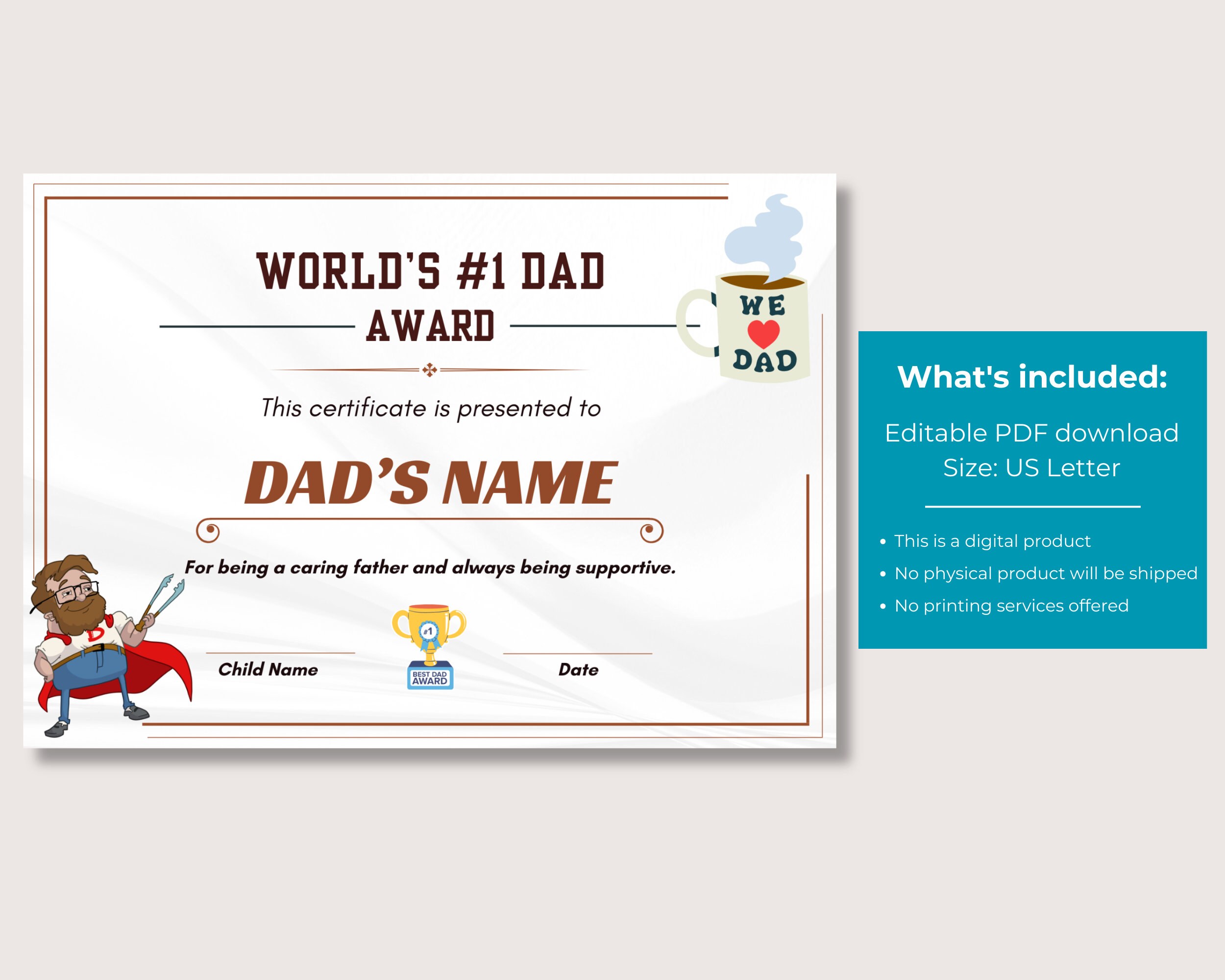 Editable Father's Day Certificate, Gift for Dad, World's 1 Dad Award ...