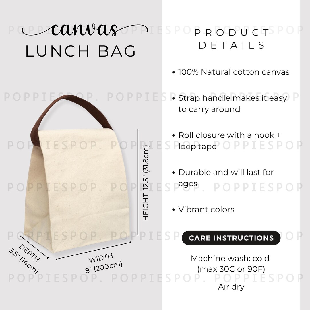 Canvas Lunch Bag Size Chart, Lunch Bag Care Card, Lunch Box Size Guide ...