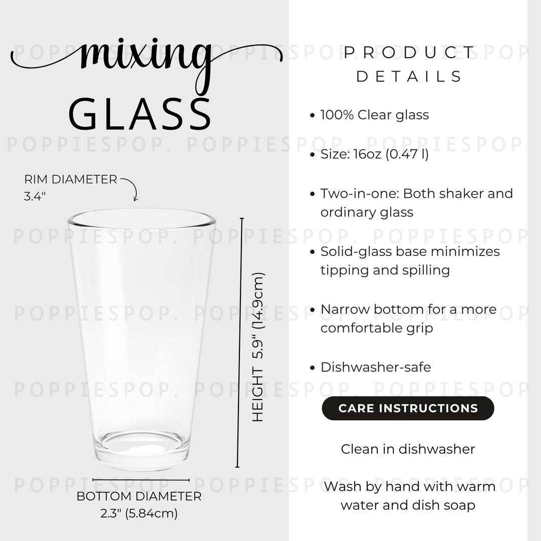 16oz Mixing Glass Size Chart, Mixing Glass Care Card, Cocktail Glass ...