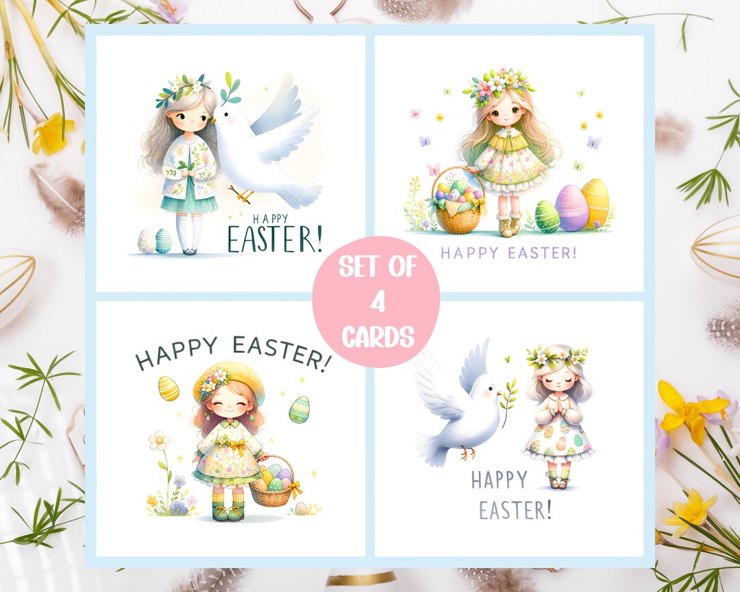 Easter Cards Pack of 4, Printable Easter Card Bundle, Easter Cards for ...