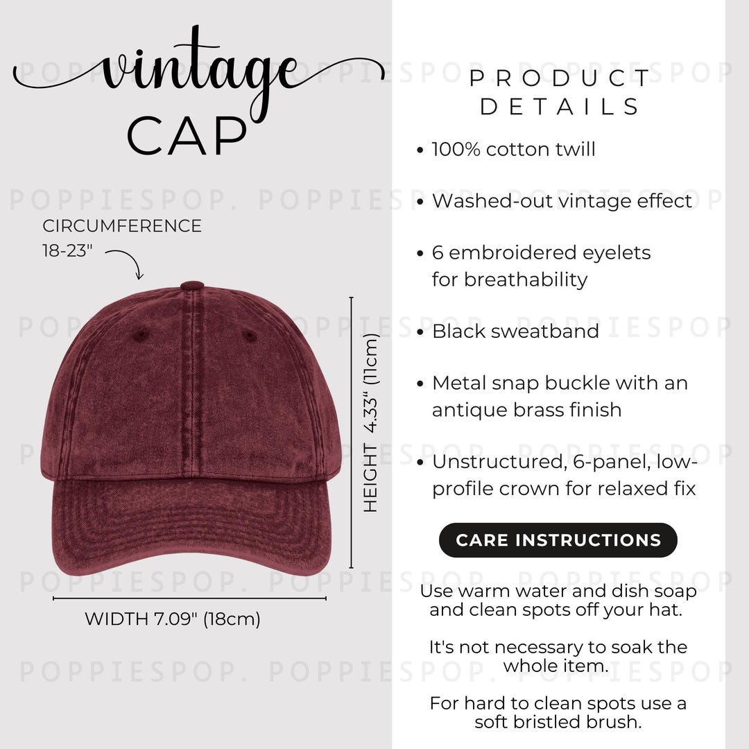 Maroon Vintage Cap Size Chart, Vintage Hat Size Guide, Embroidered Cap ...