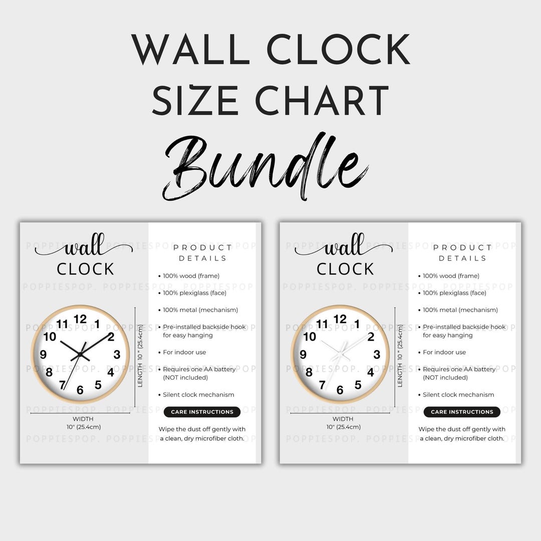 Wall Clock Size Chart Bundle, Rounded Wall Clock Size Guide, Indoor ...