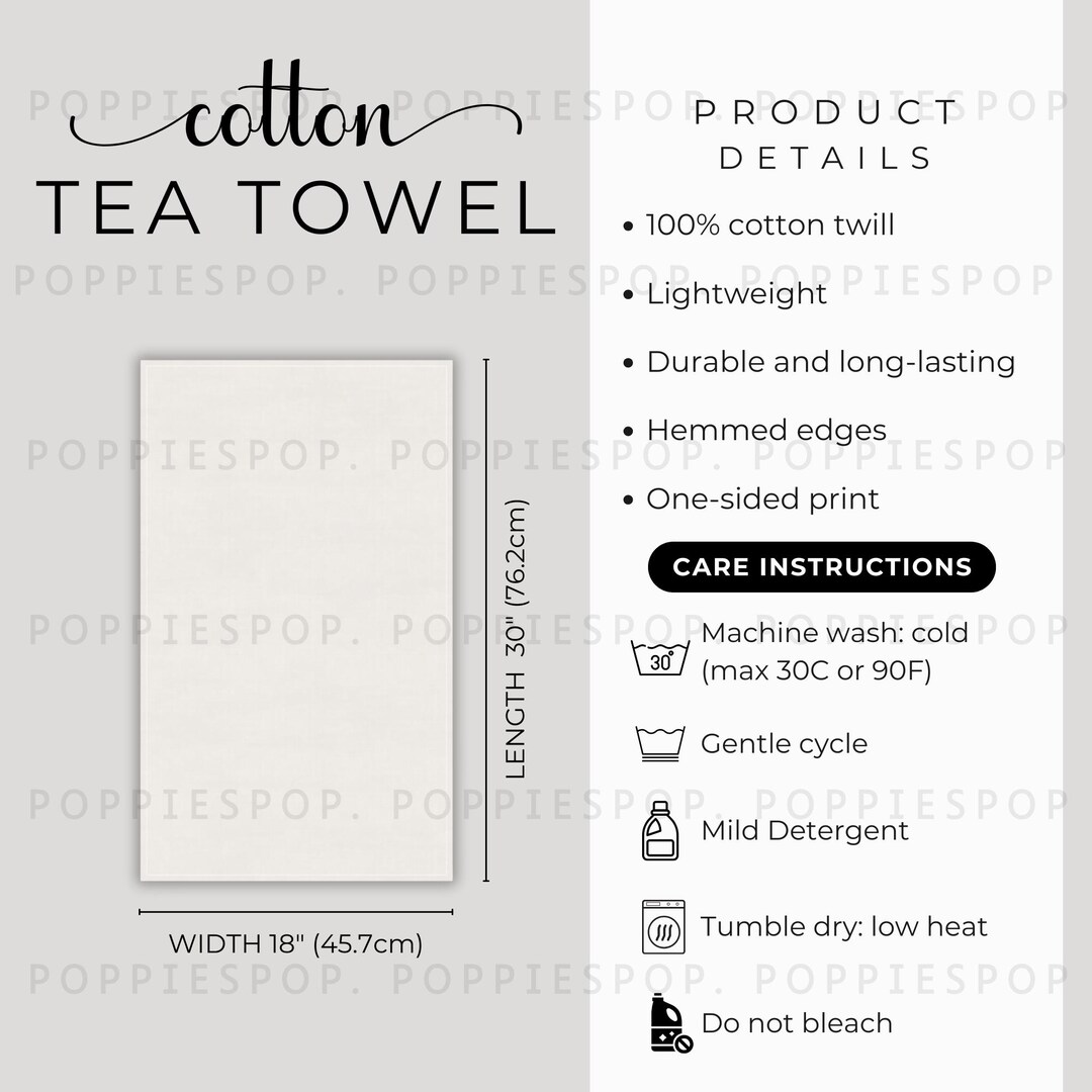 18 X 30 Cotton Tea Towel Size Chart, Cotton Hand Towel Care Card ...