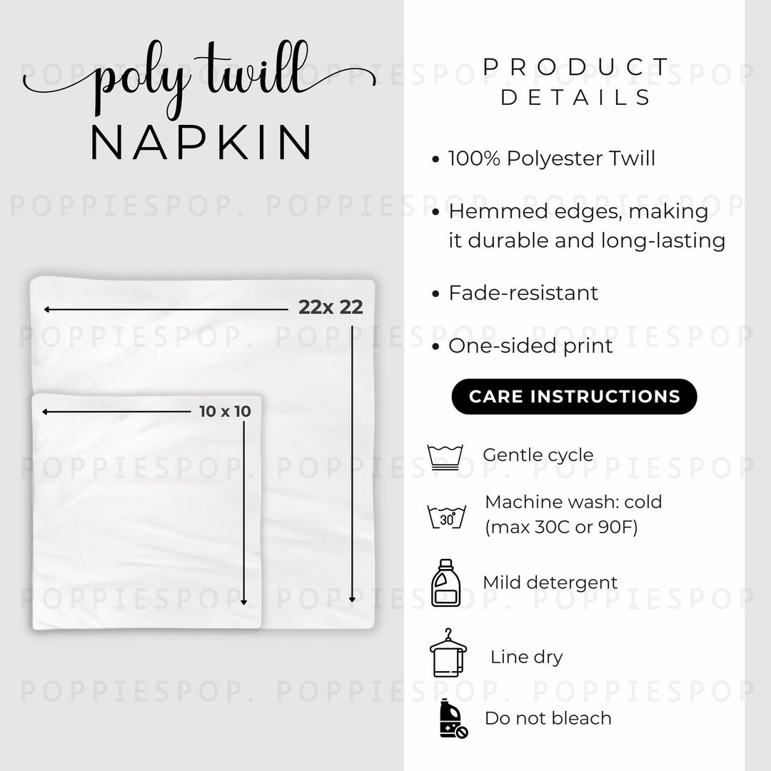 Poly Twill Napkin Size Chart, Polyester Napkin Size Guide, Poly Twill ...