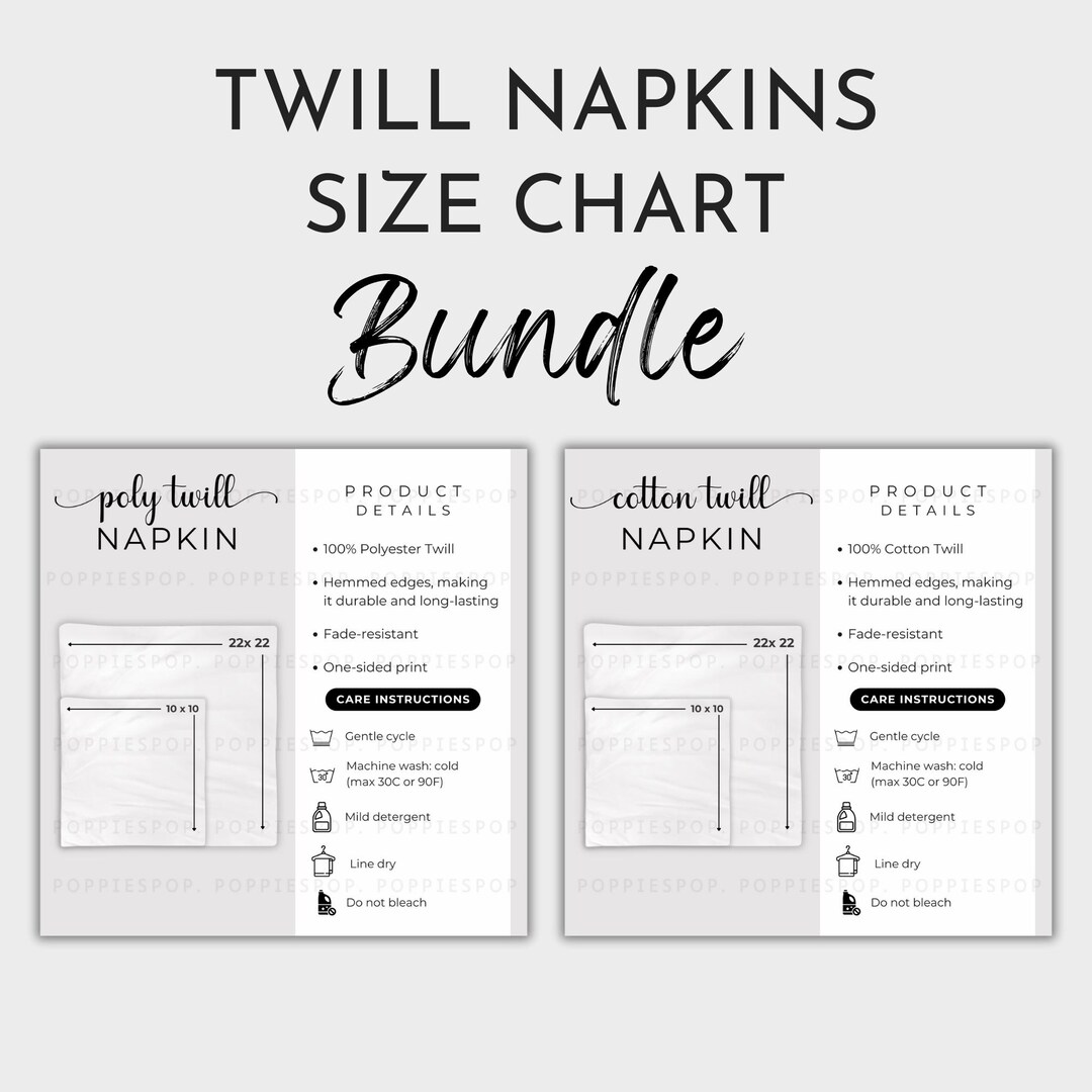 Twill Napkin Size Chart Bundle, Poly Twill Napkin Size Chart, Cotton ...